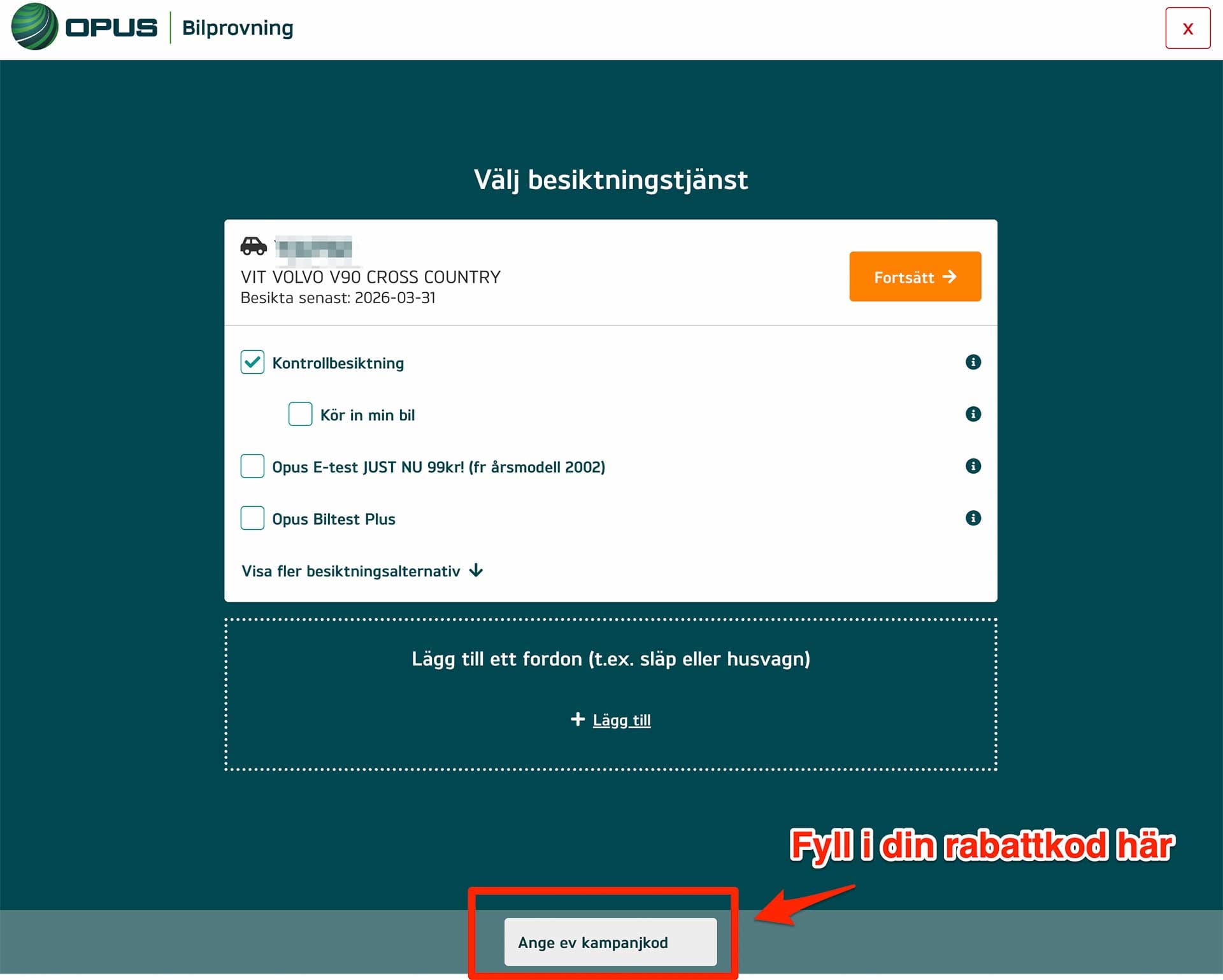 Hur och var anger jag min rabattkod? - Opus Bilprovning